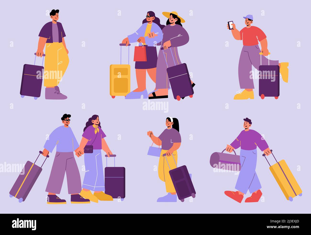 Touristen reisen mit Koffern und Tasche. Männer, Frauen, Freunde und ... Touristen reisen mit Koffern und Tasche. Männer, Frauen, Freunde und ...