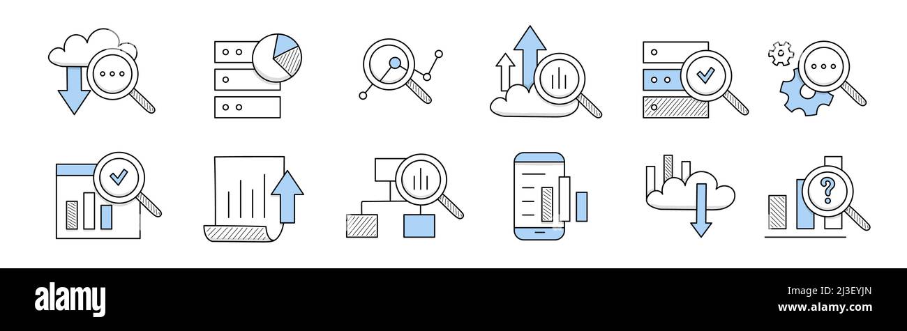 Datenanalyse-Doodle-Symbole gesetzt. Cloud-Speicherung, Lupe, Grafik ...