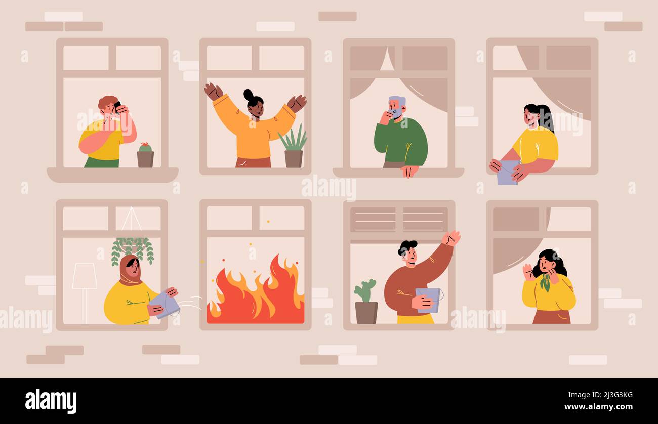 Feuer im Haus mit Menschen in Fenstern, verängstigte Nachbarn winken ...