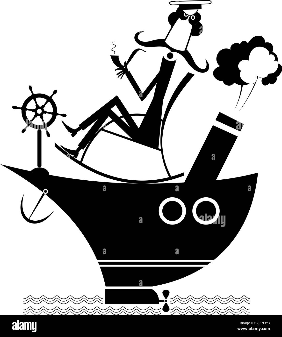 Cartoon Kapitän des Schiffes mit langem Schnurrbart. Das Schiff ...