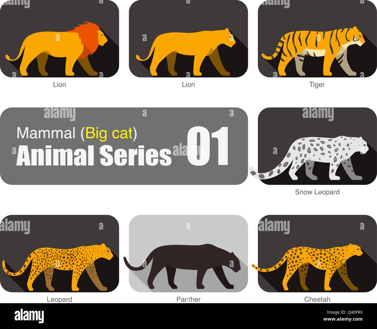 Löwe und große Katze Tier cartoon Kollektion Silhouette, Vektor ...