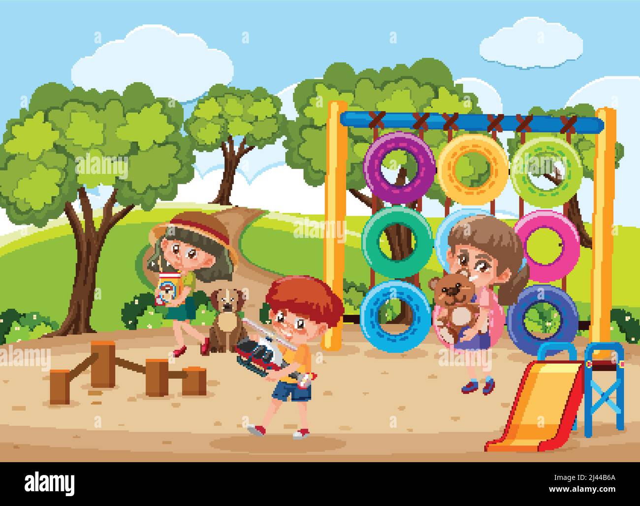 Spielplatz Szene mit Kindern Cartoon Illustration Stock-Vektorgrafik ...