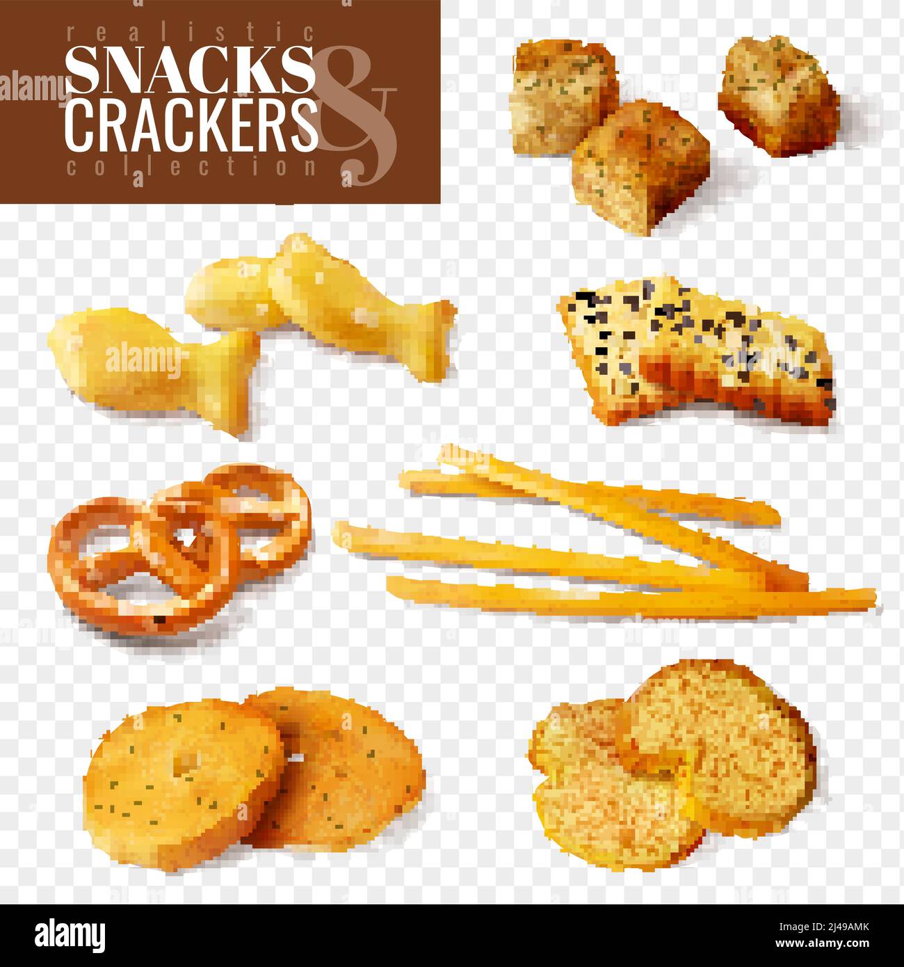 Cracker und Snacks in verschiedenen Formen auf transparentem ...