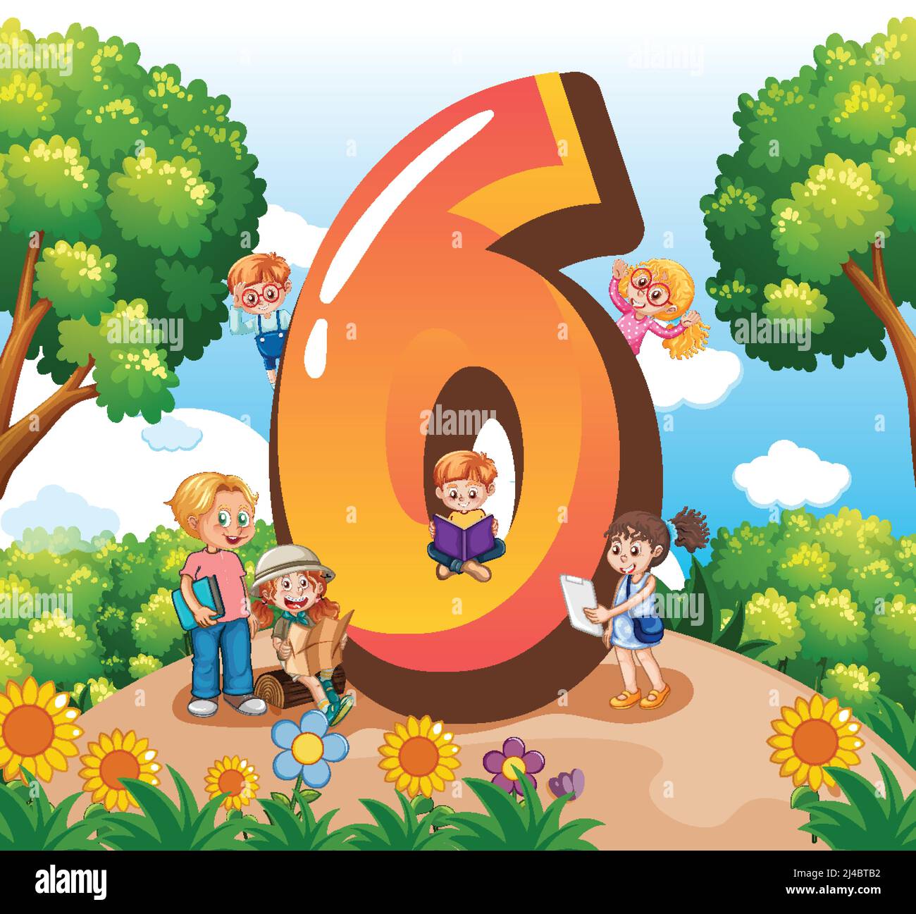 Sechs Kinder mit der Nummer sechs Cartoon-Illustration Stock ...