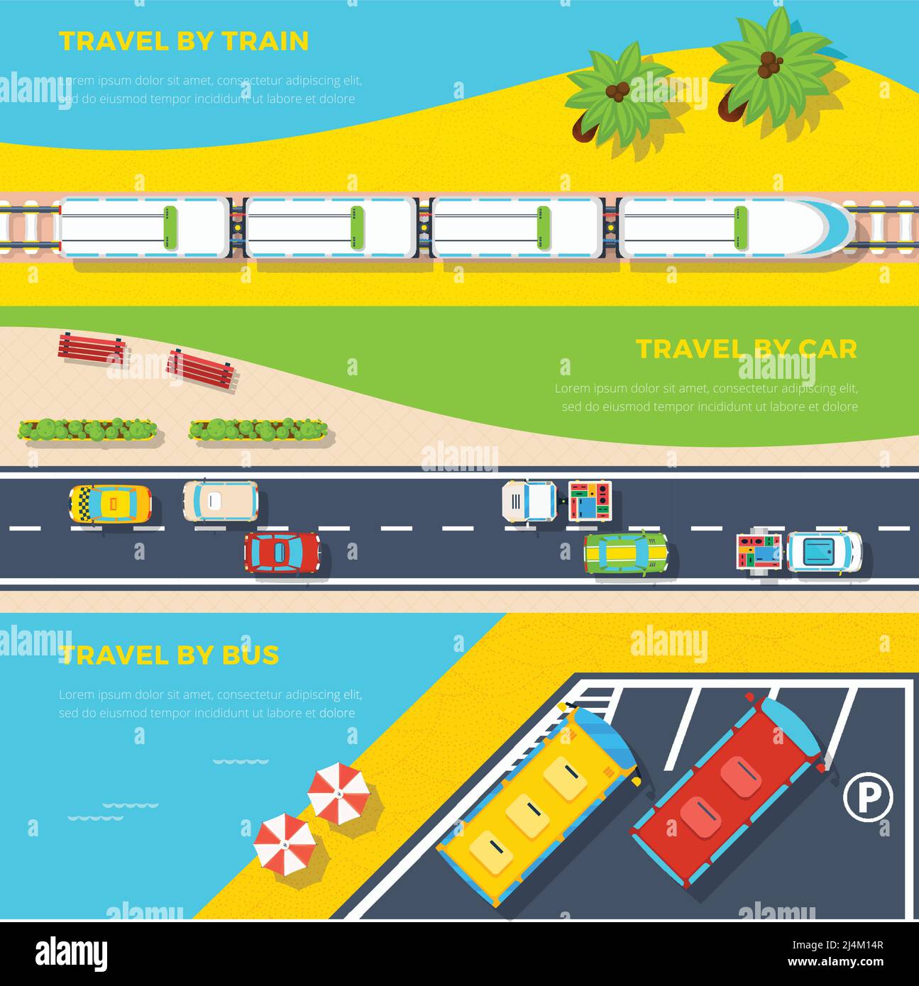 Draufsicht horizontale Banner mit drei Arten zu reisen Zug Auto und Bus ...