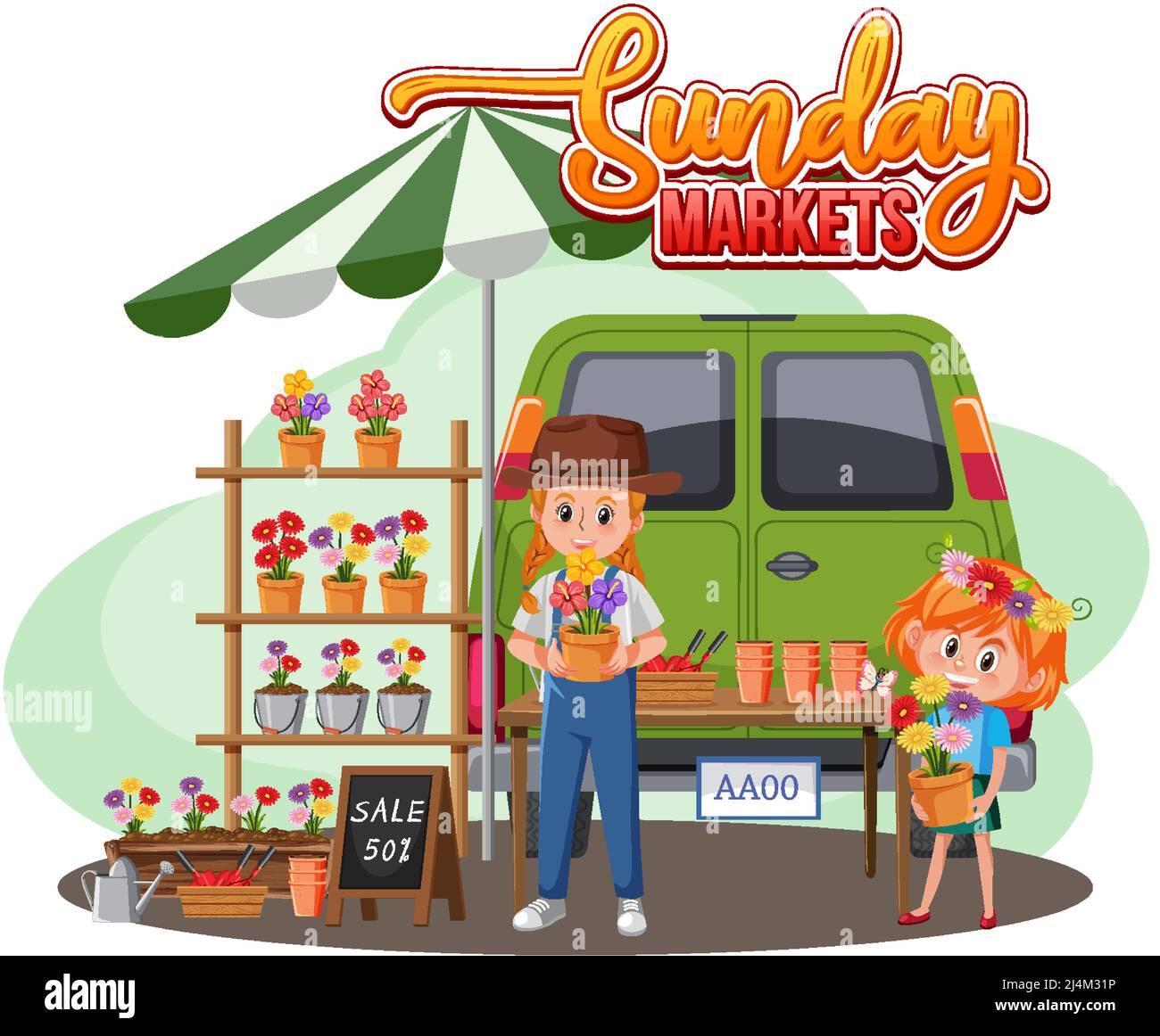 Flohmarkt-Konzept mit Händler Cartoon Figur Illustration Stock ...