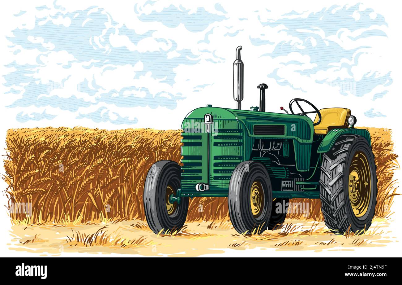 Traktor auf dem Feld Hand Zeichnung Skizze Gravur Illustration Stil ...