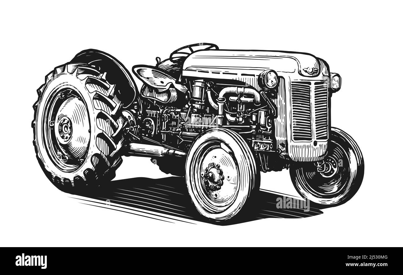 Retro landwirtschaftlicher Traktor, Skizze. Handgezeichnete Vektor ...