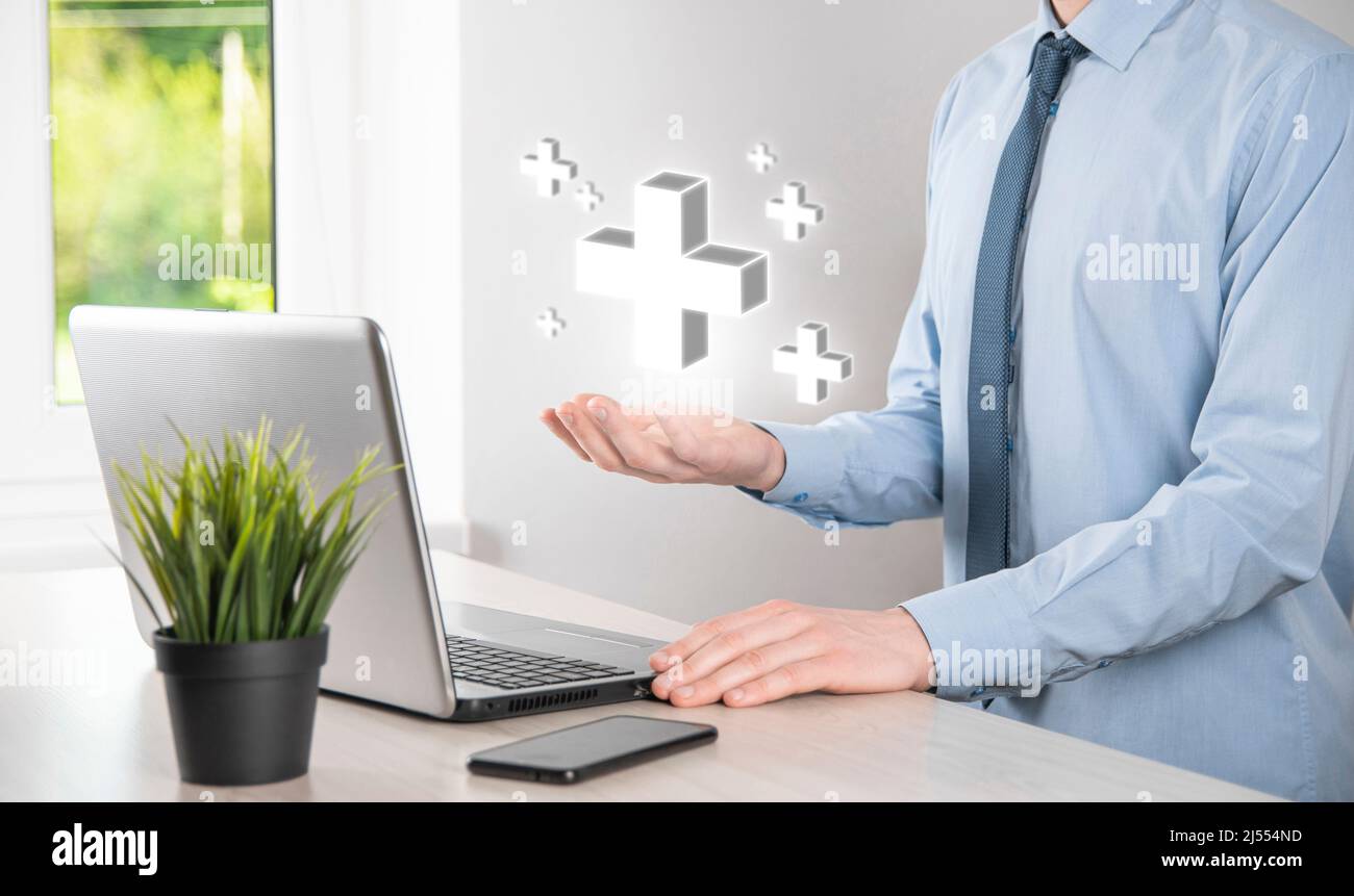 Geschäftsmann halten 3D plus Symbol, Mann halten in der Hand bieten ...