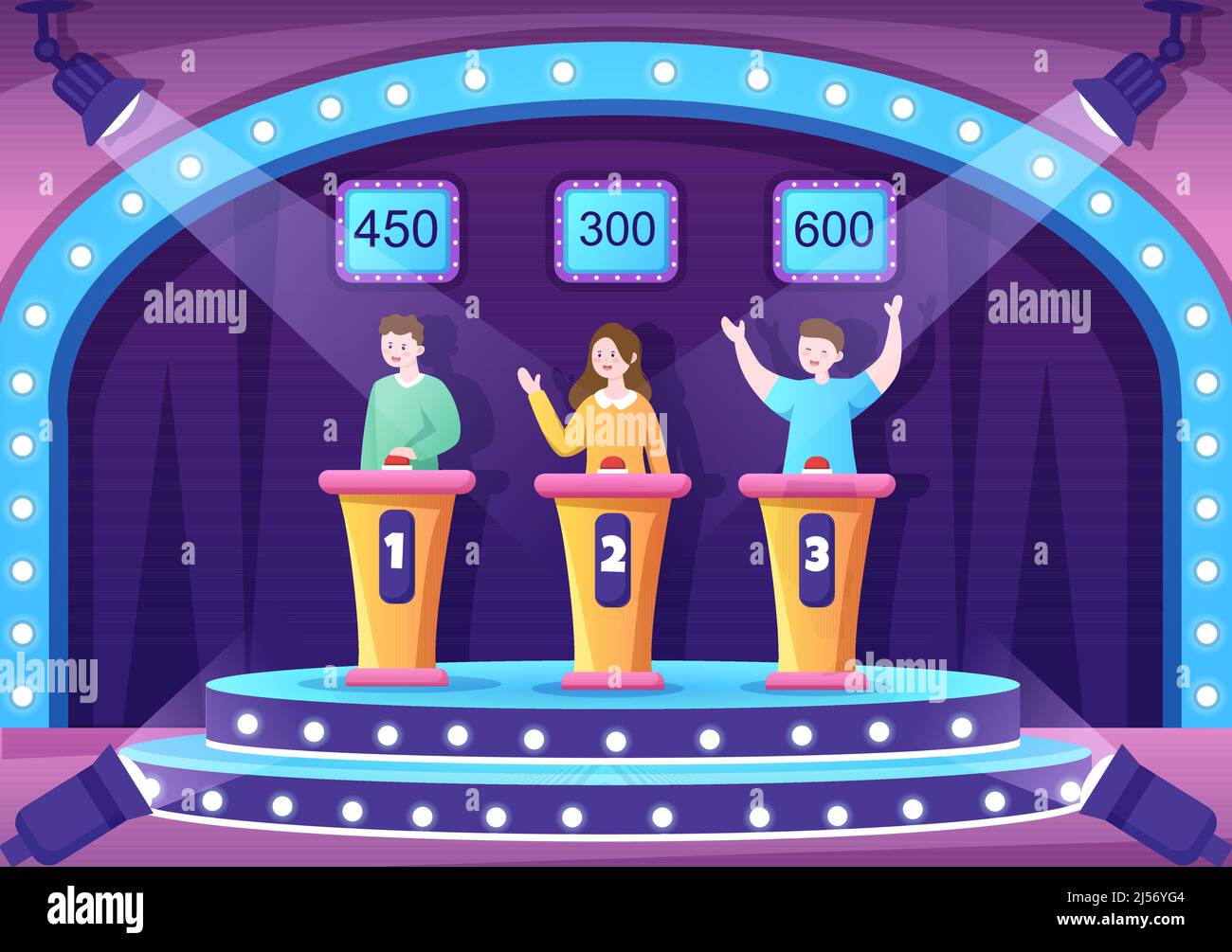 TV-Quiz-Show mit Teilnehmern, die Fragen beantworten und Punkte vom ...