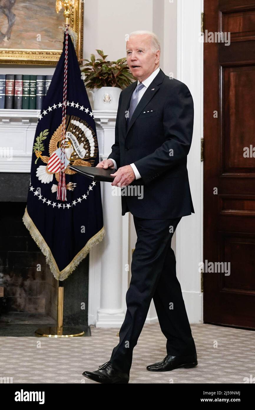 Der US-Präsident Joe Biden kommt am Donnerstag, dem 21. April 2022, zu ...