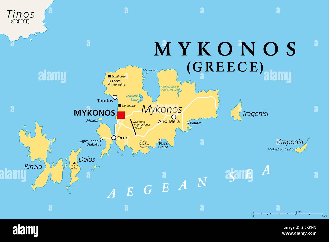 Mykonos, eine Insel Griechenlands, politische Landkarte. Griechische ...