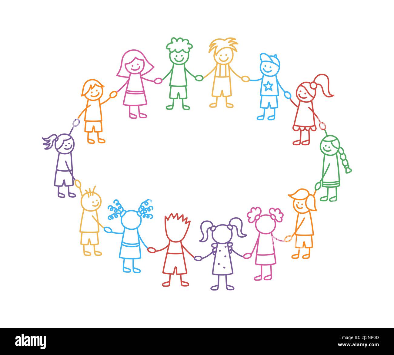 Happy Doodle Stick Kinder halten die Hände. Handgezeichnete lustige ...