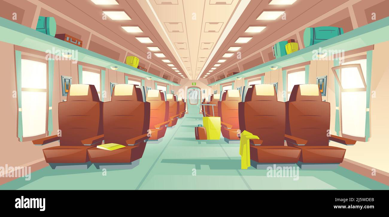 Fernreisen, U-Bahn-Zug geräumigen Wagen Innenraum Cartoon-Vektor mit ...