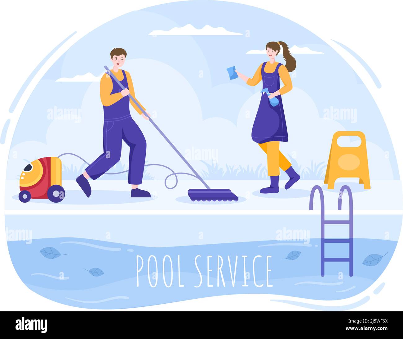 Swimmingpool-Servicemitarbeiter mit Besen, Staubsauger oder Netz zur ...