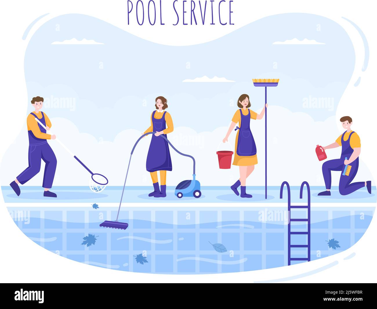 Swimmingpool-Servicemitarbeiter mit Besen, Staubsauger oder Netz zur ...