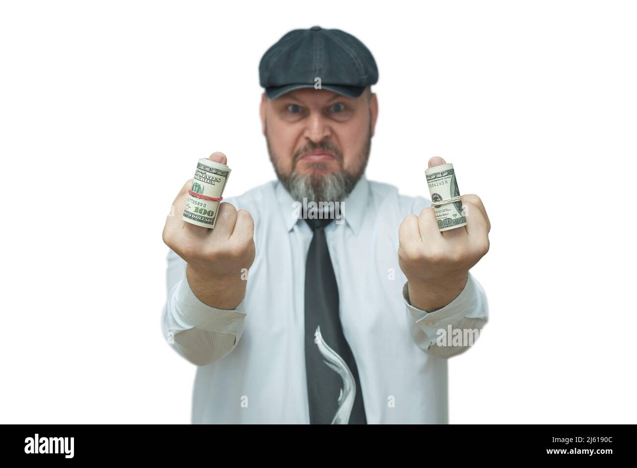 Ein Mann zeigt den Mittelfinger, auf dem Dollar in einen Schlauch ...