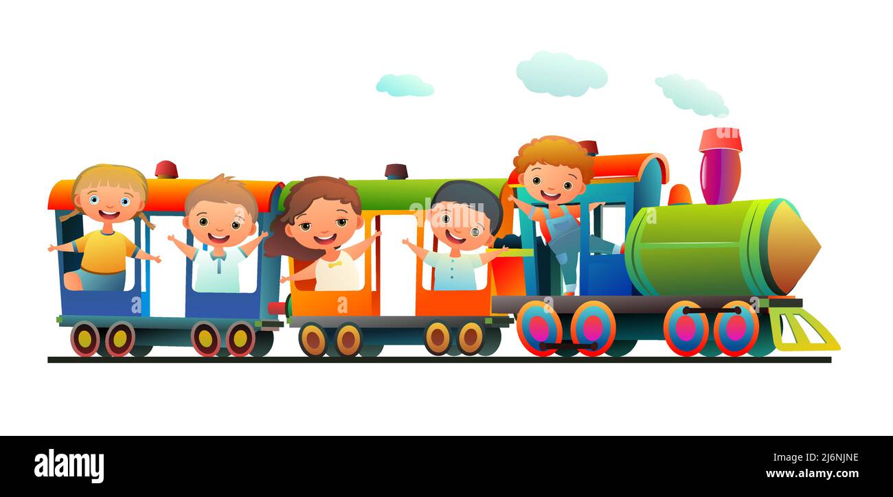 Lokomotive fährt auf der Eisenbahn. Lustige Kinder. Illustration im ...