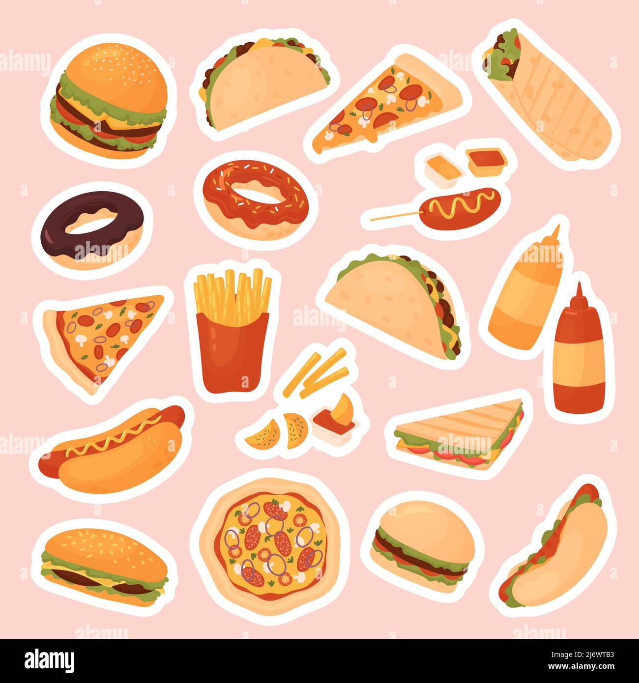Fast-Food-Restaurant-Menü Sticker Pack Set Vektor-Illustration. Cartoon ...