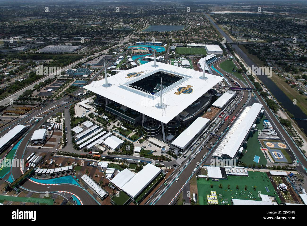 Eine Luftaufnahme der Rennstrecke F1 für den Miami Grand Prix im Hard ...
