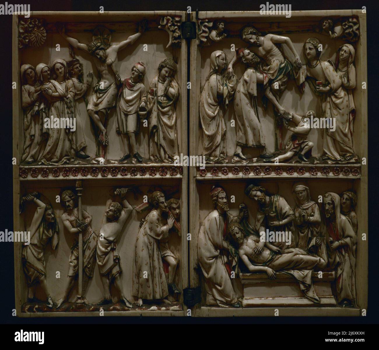 Diptychon mit Szenen aus dem Leiden Christi: Kreuzigung, Absetzen, Geißelung und Entgrabung ...