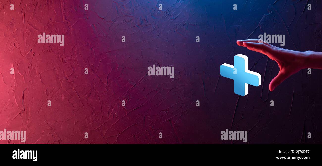 Geschäftsmann halten 3D plus Symbol, Mann halten in der Hand bieten ...
