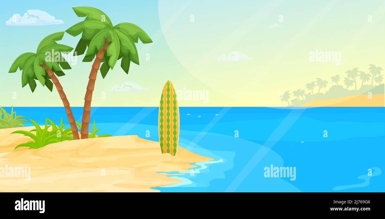 Tropischer Meeresstrand mit Meer, Sand, Palmen und Surfbrett im Cartoon ...