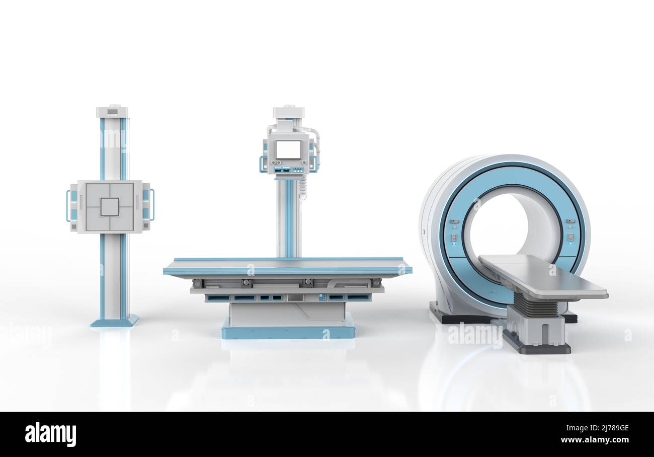 Krankenhausradiologie-Raum mit 3D-render-mrt-Scanner und Röntgengerät ...