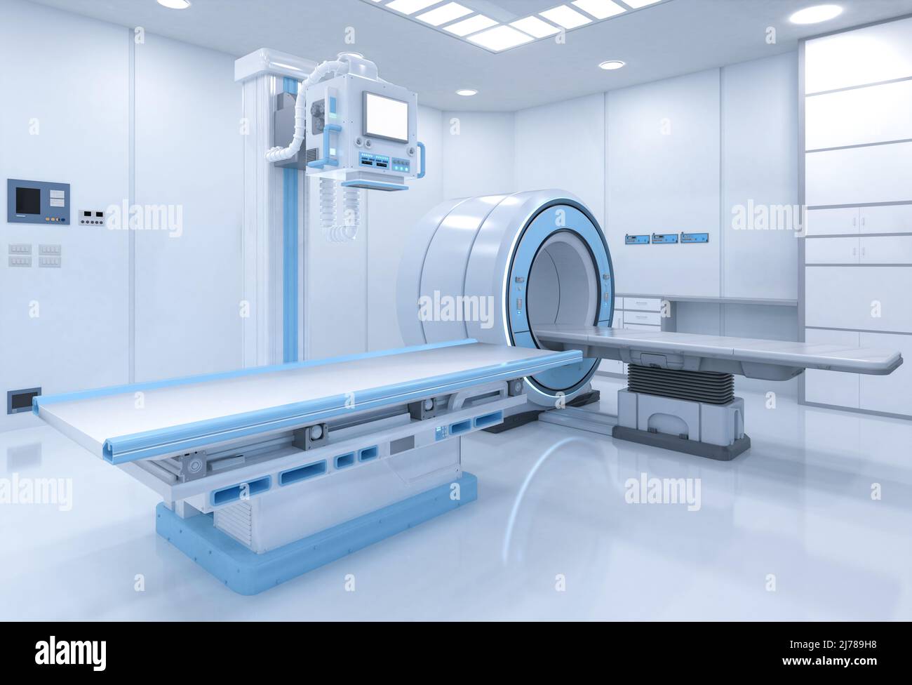 Krankenhausradiologie-Raum mit 3D-render-mrt-Scanner und Röntgengerät ...