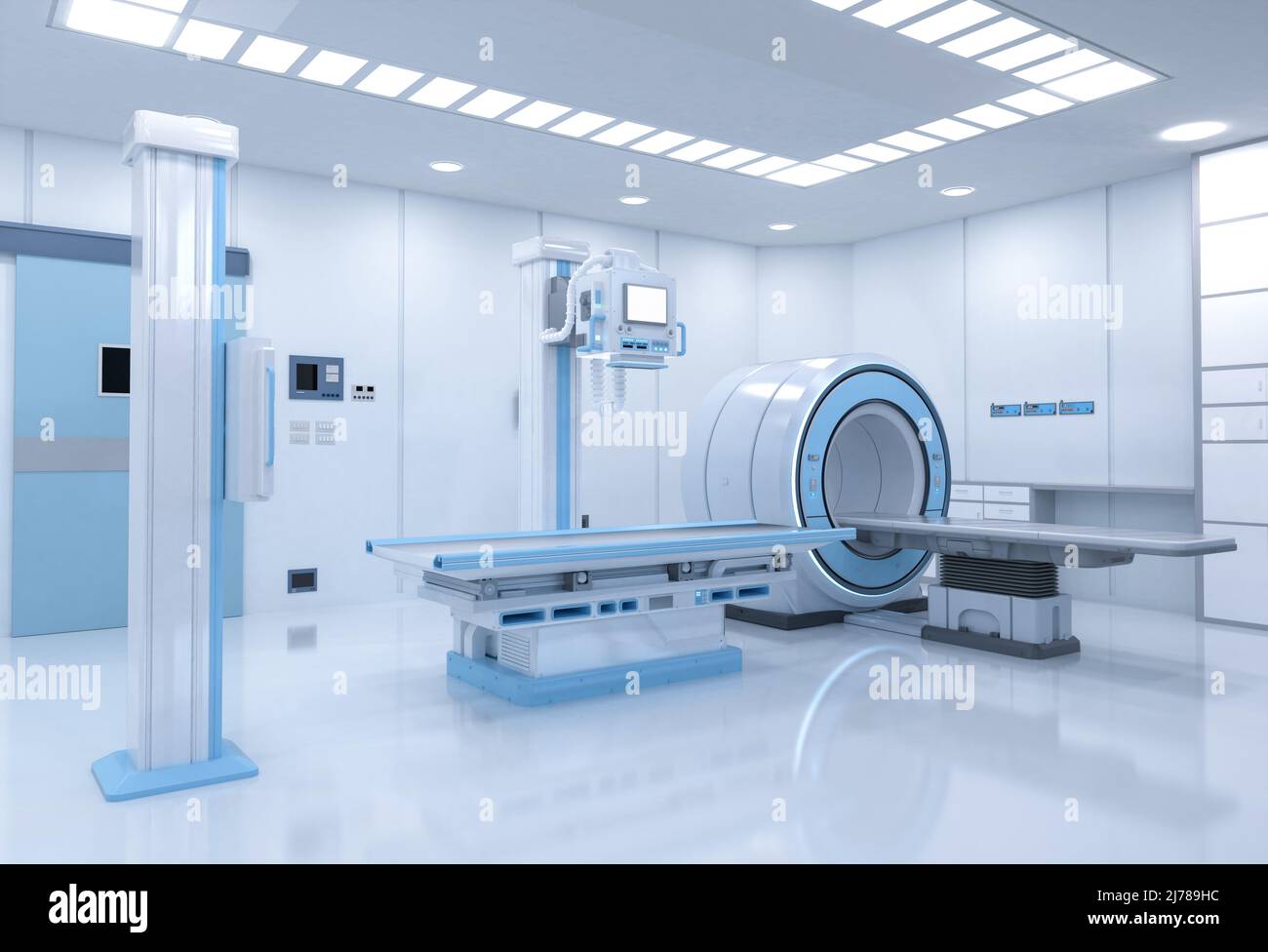Krankenhausradiologie-Raum mit 3D-render-mrt-Scanner und Röntgengerät ...
