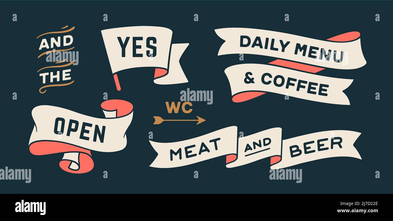 Set mit Vintage-Grafik. Band, Flagge, Pfeil, Tafel mit Text Ja, Öffnen ...