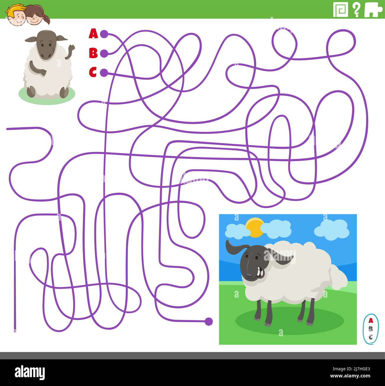 Cartoon Illustration von Linien Labyrinth Puzzle-Spiel mit Comic Schaf ...