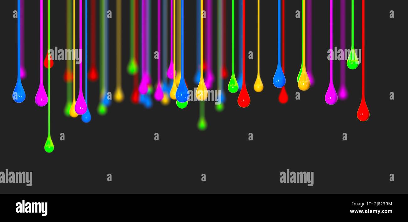 Farbtropfen in verschiedenen Farben tropfend und herunterlaufend - 3D ...