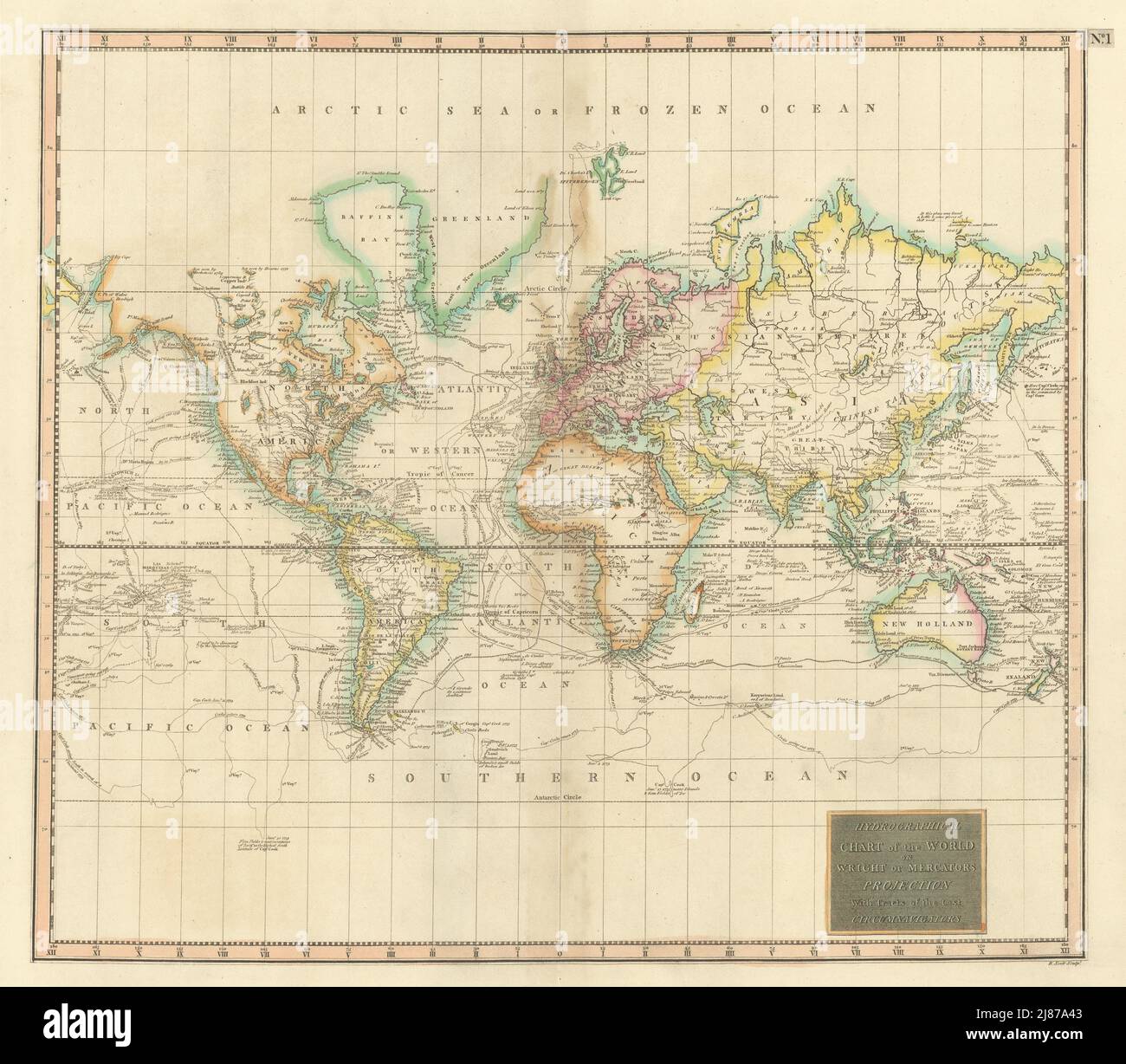 Hydrographische Karte der Welt… Wright/Mercators Projektion THOMSON 1817-Karte Stockfotografie ...