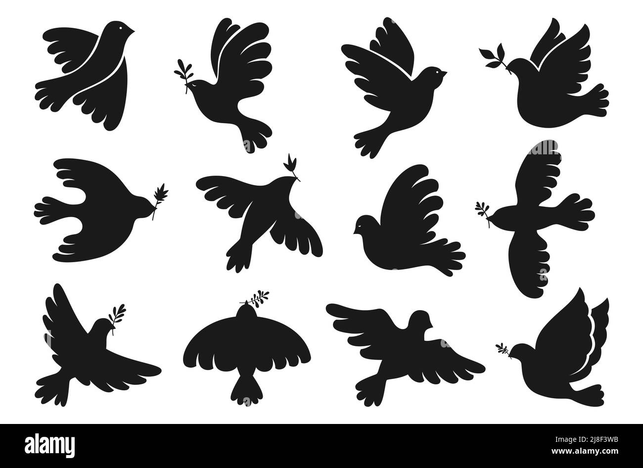 Peace Symbol Taube Silhouette gesetzt. Freiheit, Menschlichkeit Emblem ...