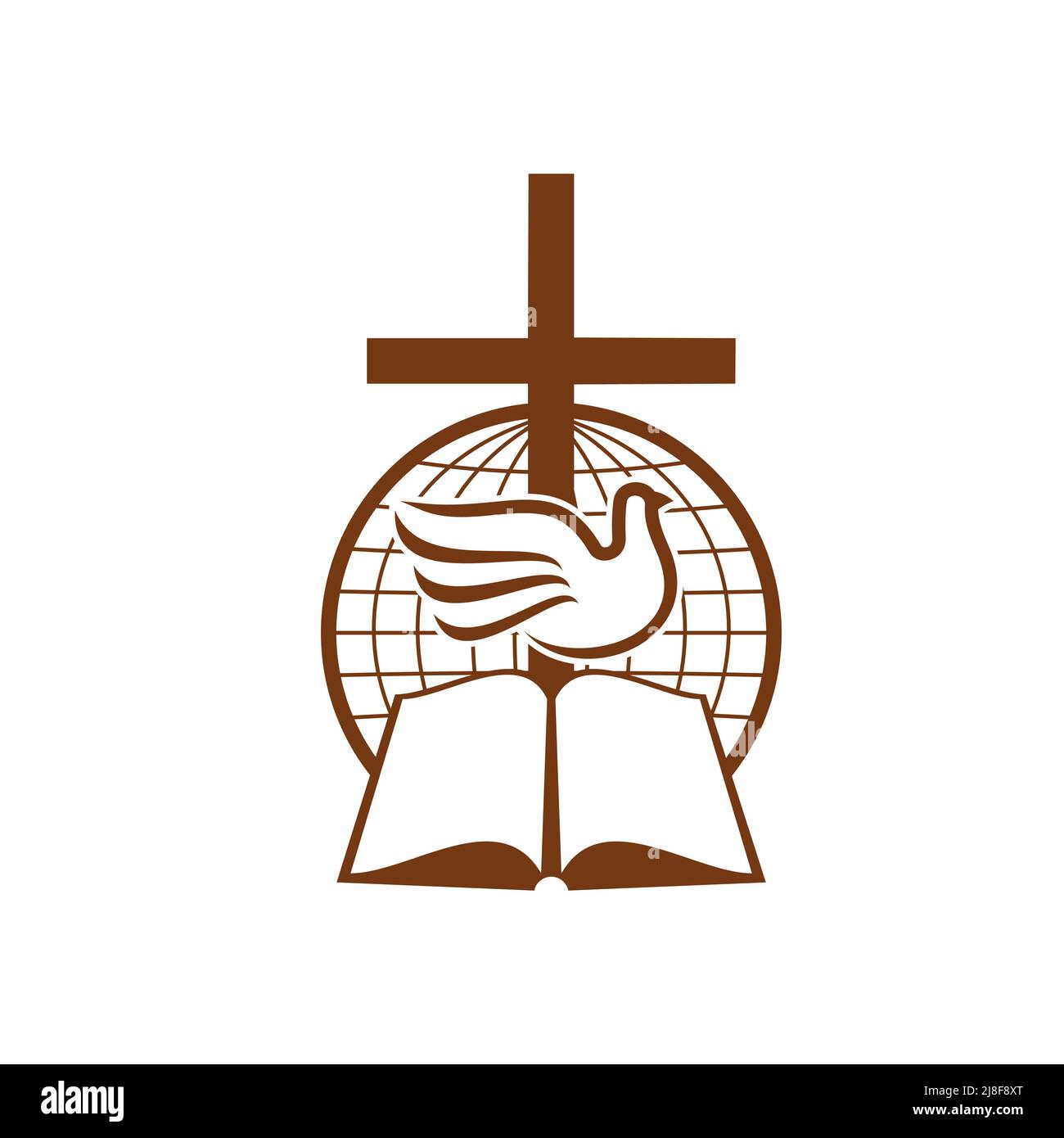 Symbol des christentums mit Globus, Bibelbuch und Taube. Christliche ...