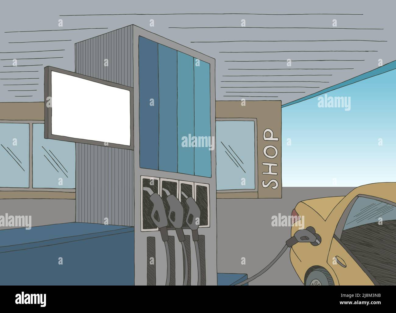 Tankstelle außen Grafik Farbe Skizze Illustration Vektor Stock ...