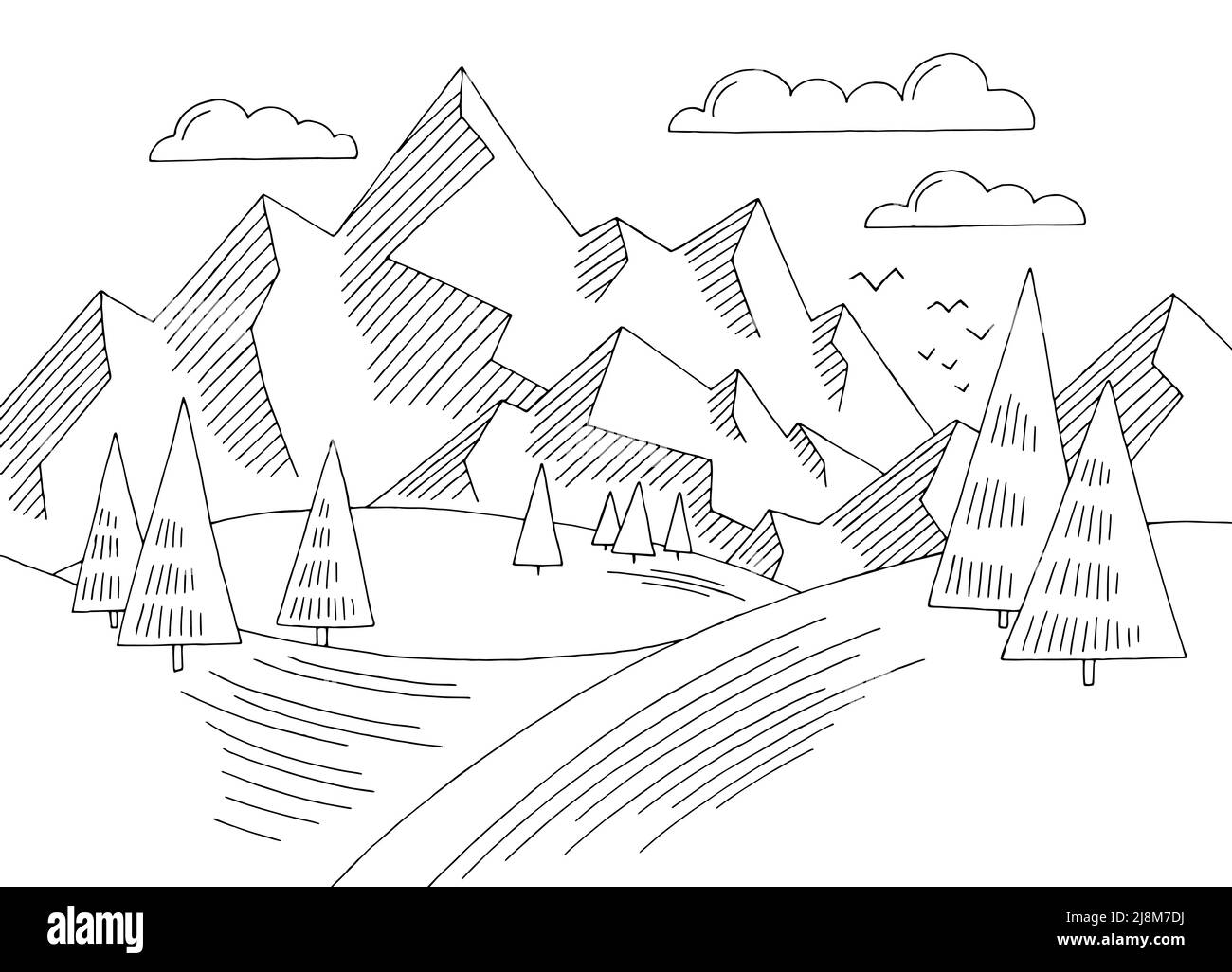 Berg Hügel einfache Grafik schwarz weiß Landschaft Skizze Illustration ...