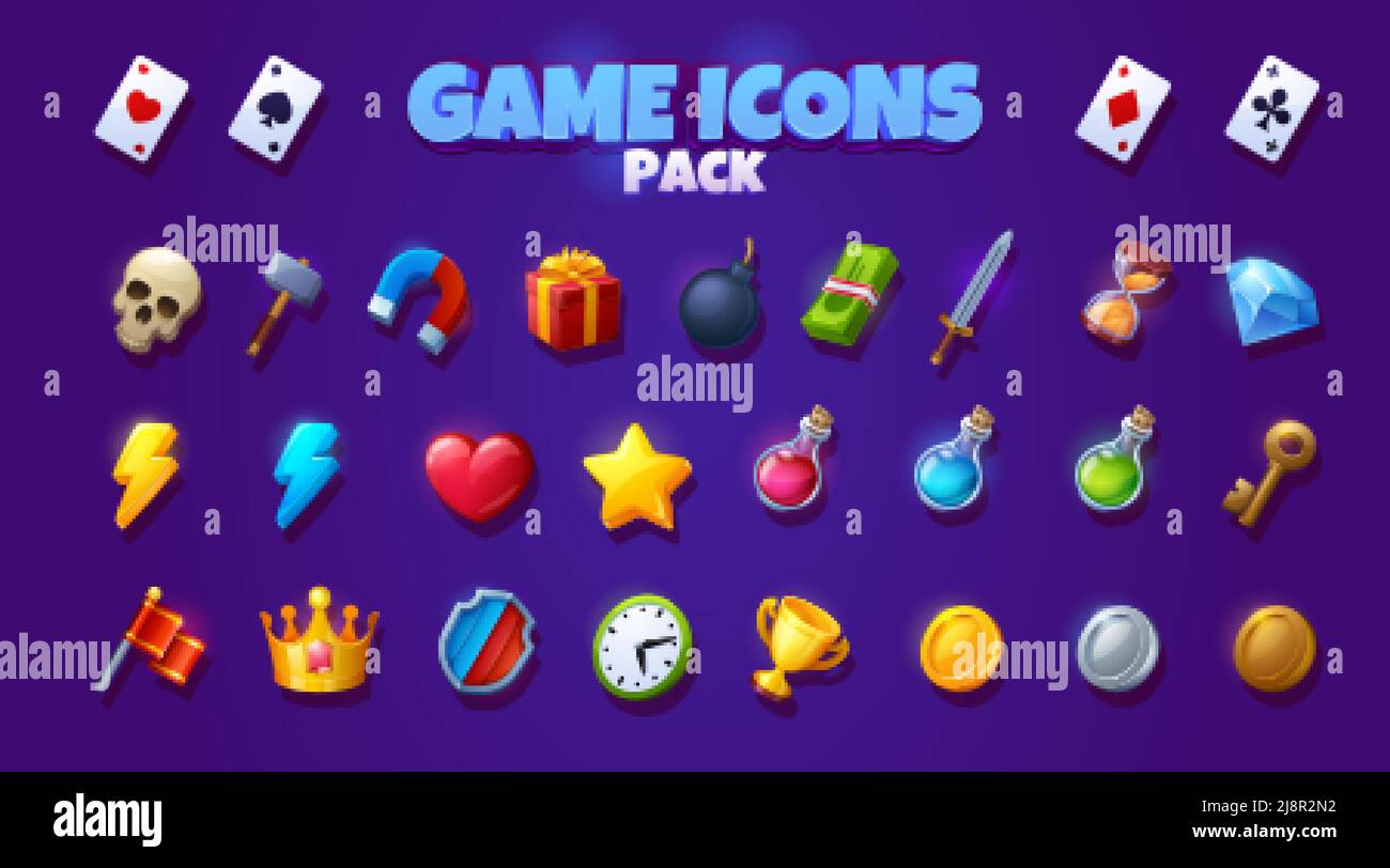 Spiel-Symbole Pack mit Symbolen von Schlüssel, Spielkarten, Uhr, Geld ...