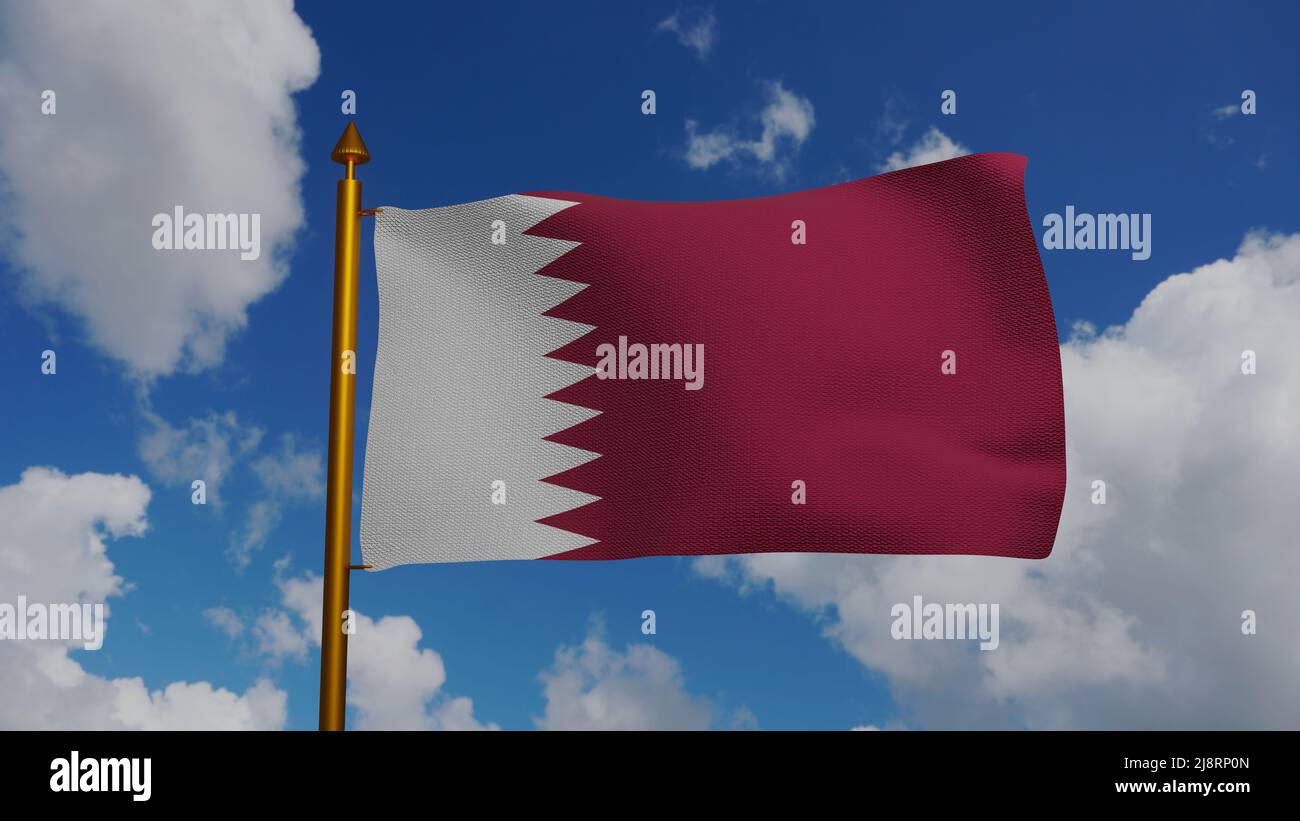 Nationalflagge von Katar winkt 3D Render mit Fahnenmast und blauem ...