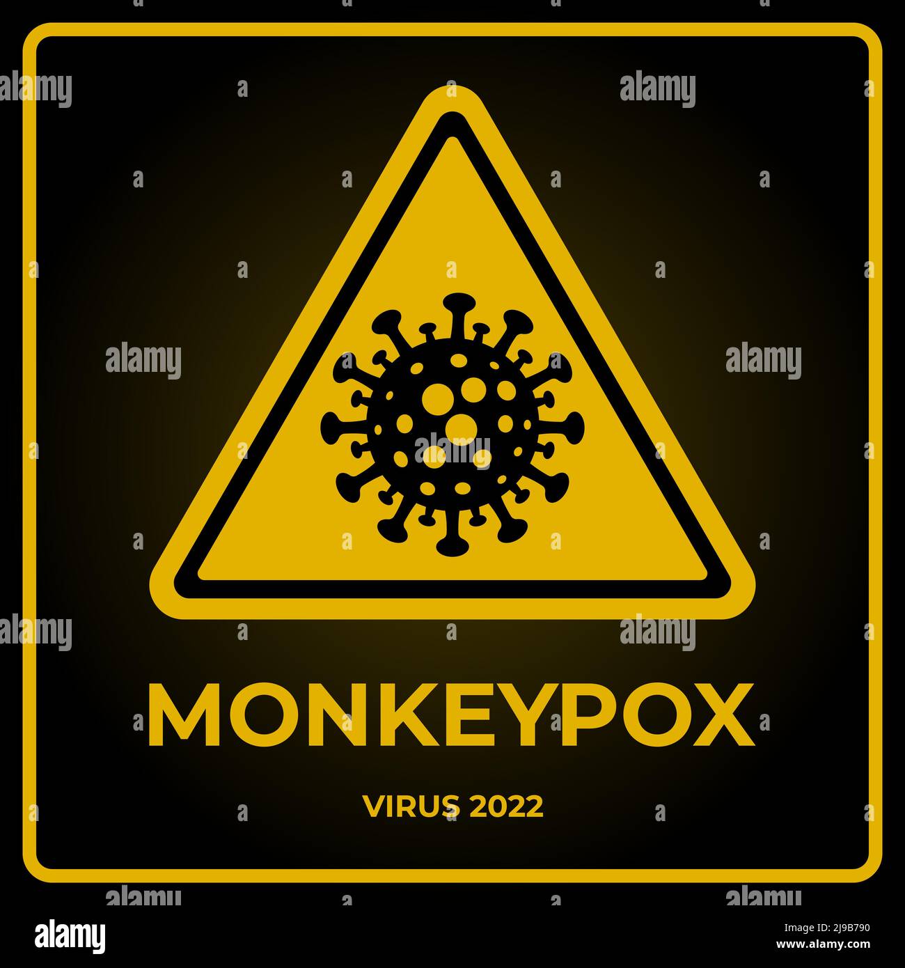 Monkeypox-Viruszellen-Symbol in gelbem Warndreieck auf schwarzem ...