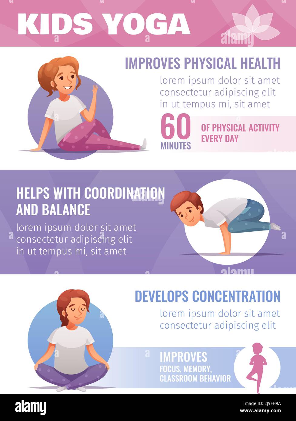 Kinder Yoga Infografik Set mit Koordination und Balance-Symbole Cartoon ...