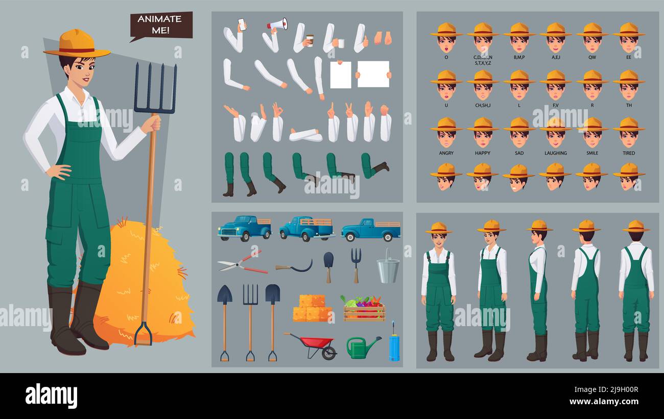 Weiblicher Farmer Charakter Konstruktor Set mit verschiedenen Gesten ...