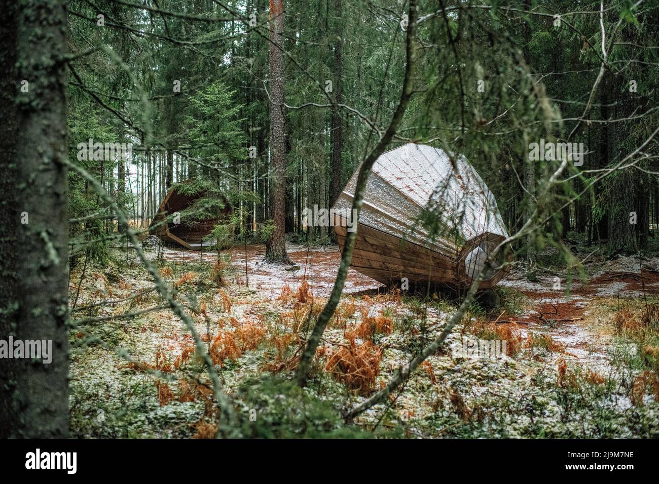 Riesige hölzerne Megaphone verstärken die Geräusche des Waldes in Pähni ...