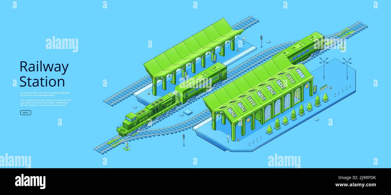 Bahnhofsposter mit isometrischer Bahnstrecke, Zug und Bahnsteig. Vector ...
