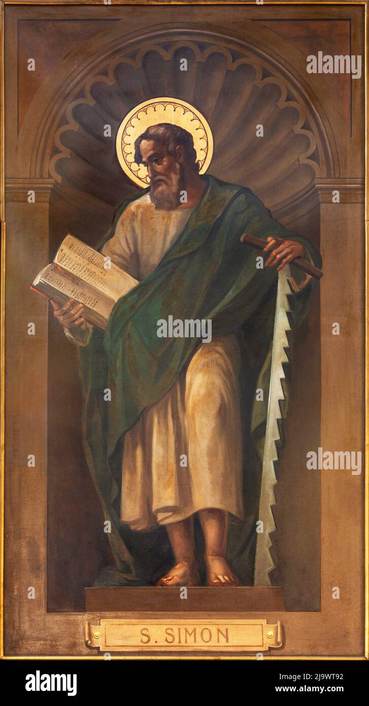 BARI, ITALIEN - 3. MÄRZ 2022: Das Fresko des heiligen Apostels Simon in ...