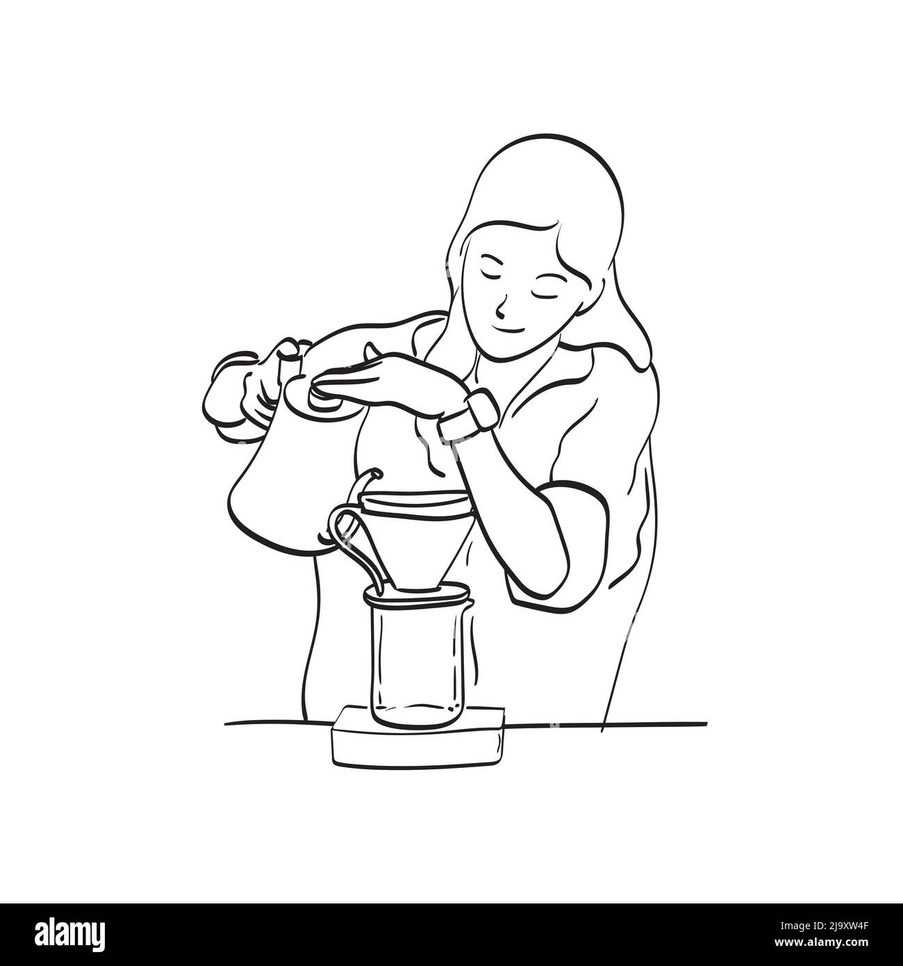 Weibliche Barista gießt heißes Wasser aus dem klassischen Glas zu ...