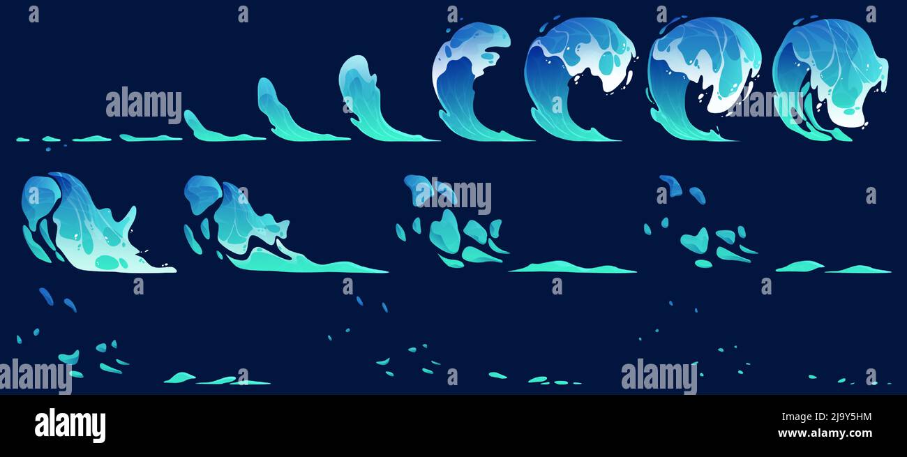 Wasser Splash VFX Animation Sprite Blatt. Phasen von Aqua-Spritzwasser ...