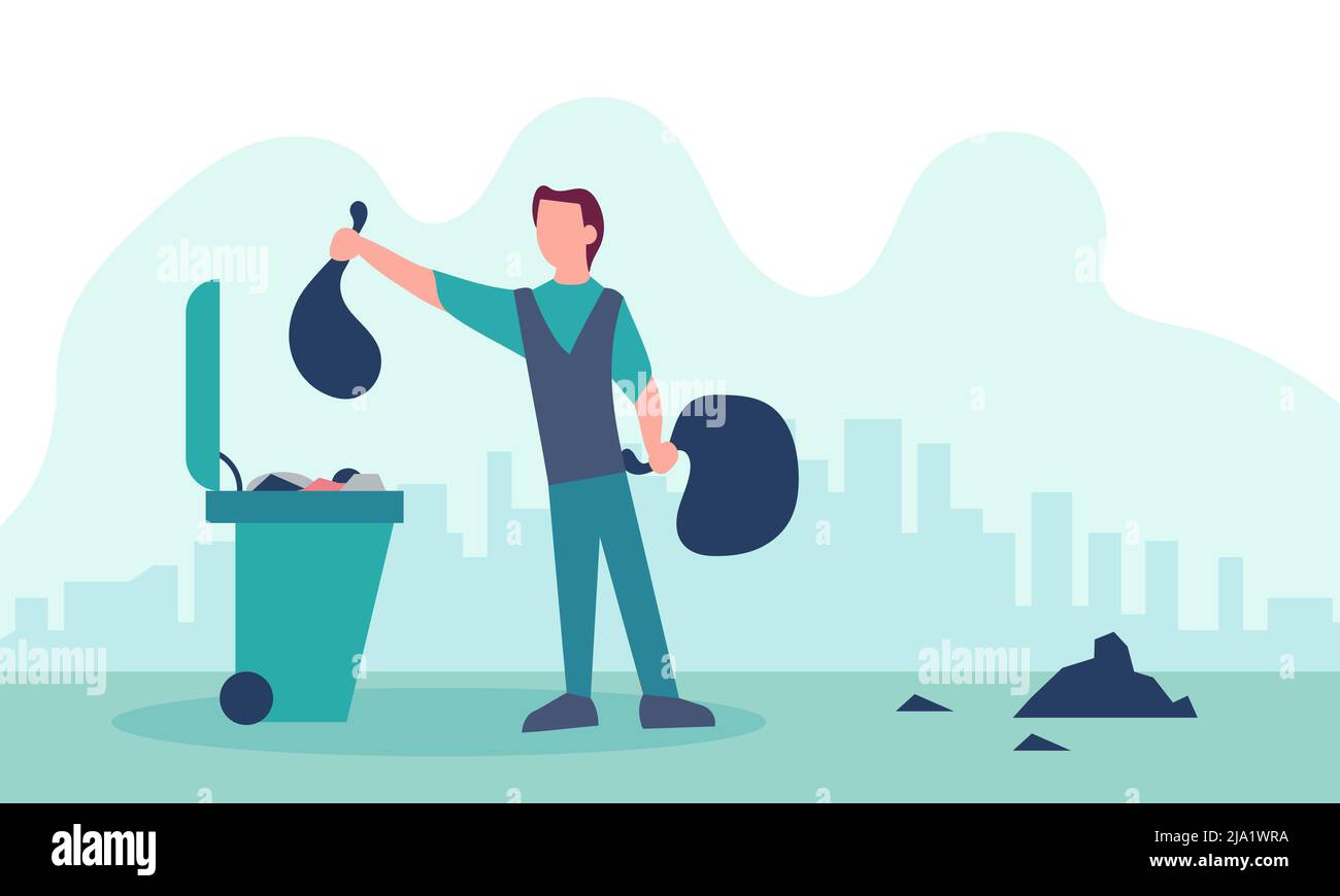 Mann wirft Abfall aus und recycelt Müll. Mülltonne und Umwelt sauber ...