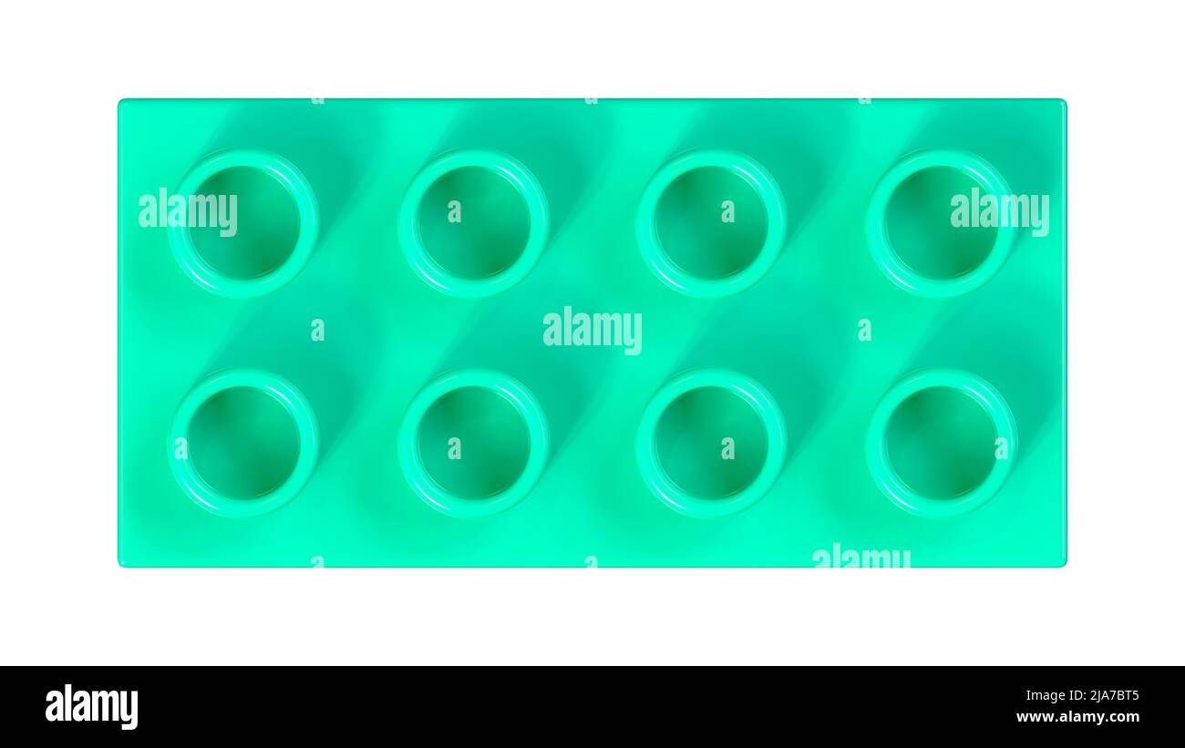 Nahaufnahme eines azurblauen Kunststoff-Lego-Blocks isoliert auf weißem ...